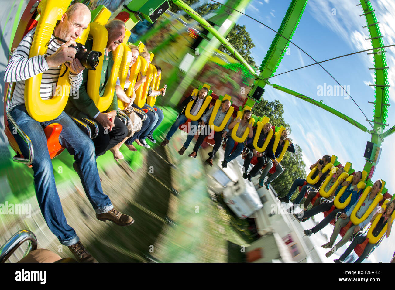 Munich, Germany. 17th Sep, 2015. Media representatives go on the fun ...