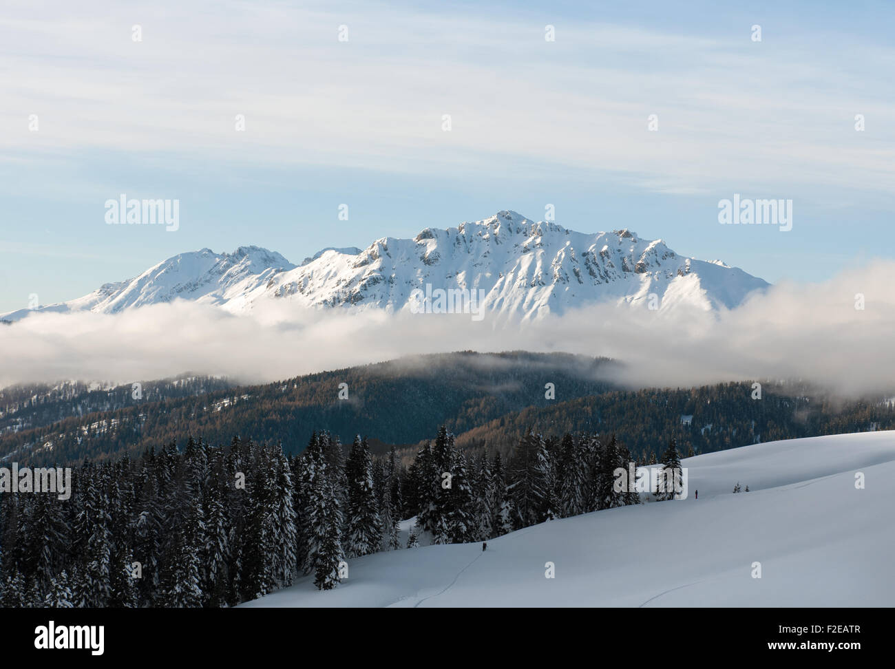 A picturesque winter scene in the Dolomites region of Northern Italy ...
