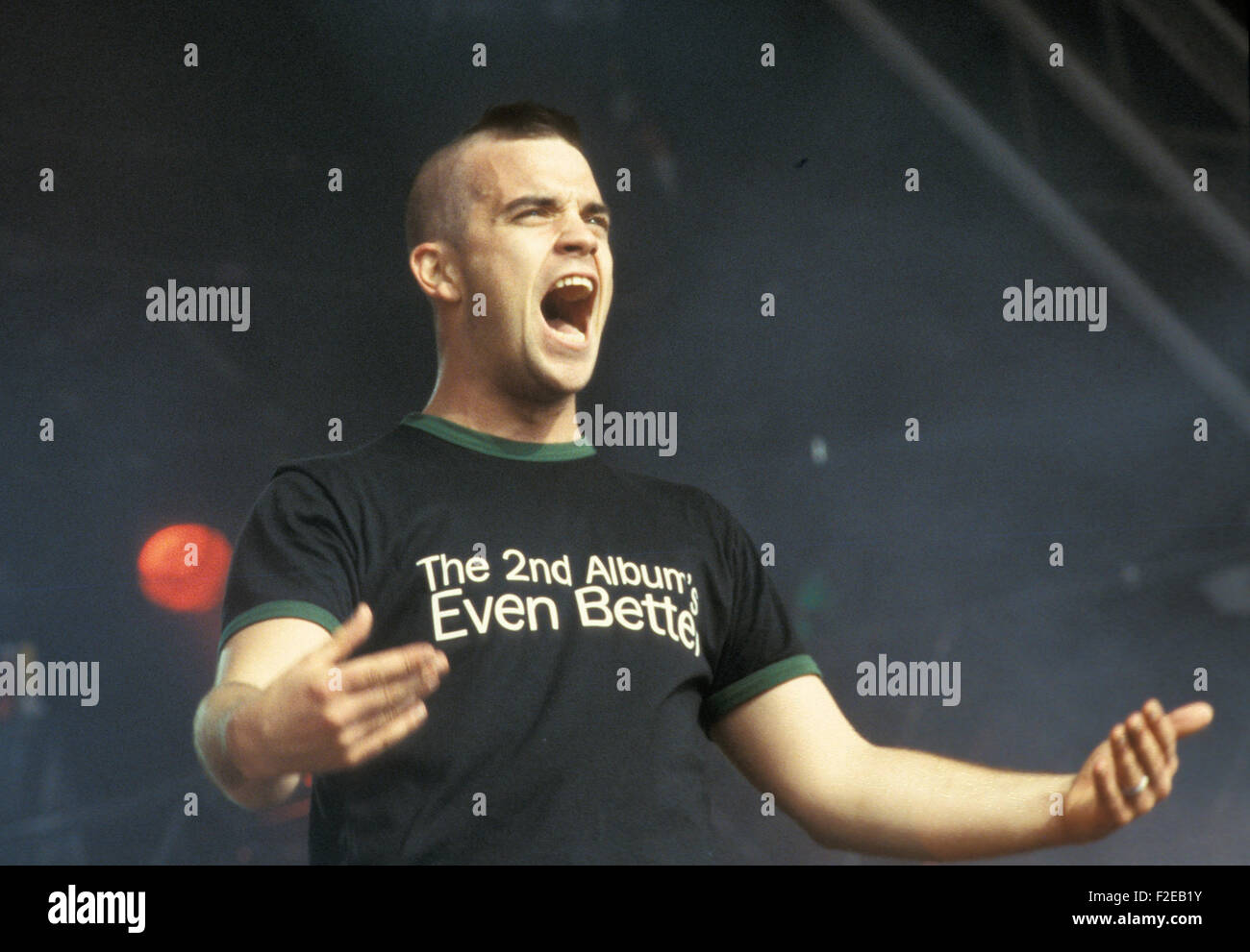 ROBBIE WILLIAMS UK singer at Scottish T in the Park festival in 1998 ...