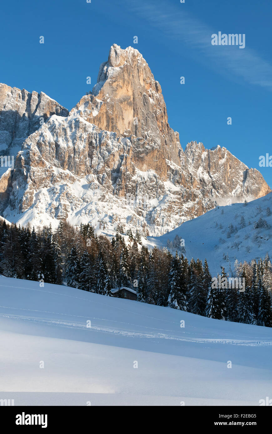 A picturesque winter scene in the Dolomites region of Northern Italy ...
