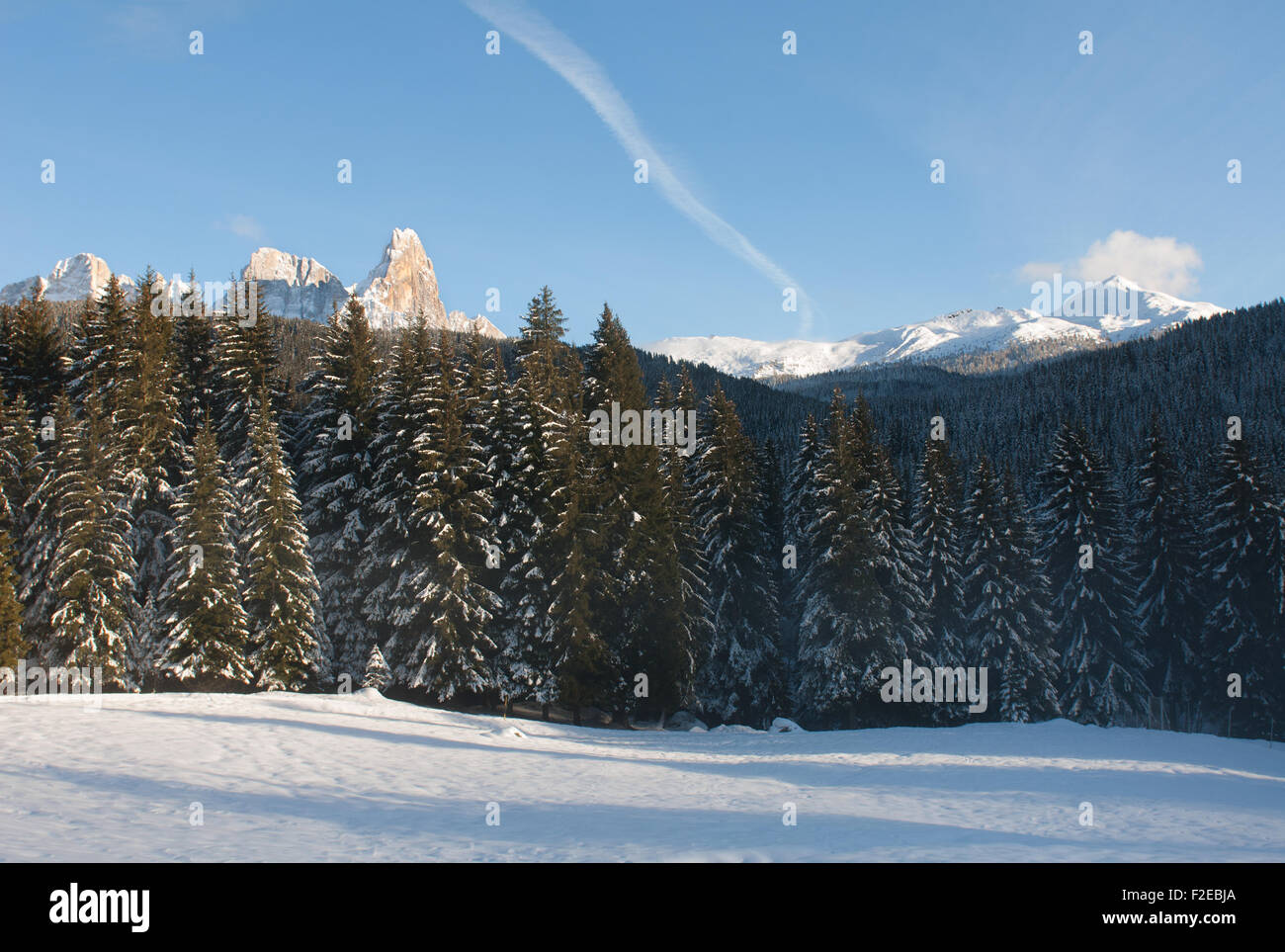 A picturesque winter scene in the Dolomites region of Northern Italy ...
