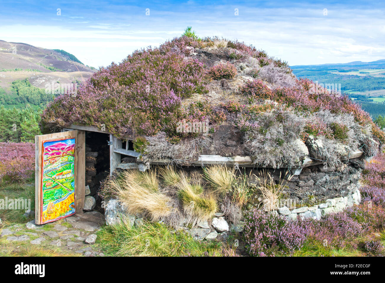 ABRIACHAN TRAIL OR WALK ABOVE LOCH NESS THE SHIELING HUT WITH PURPLE ...
