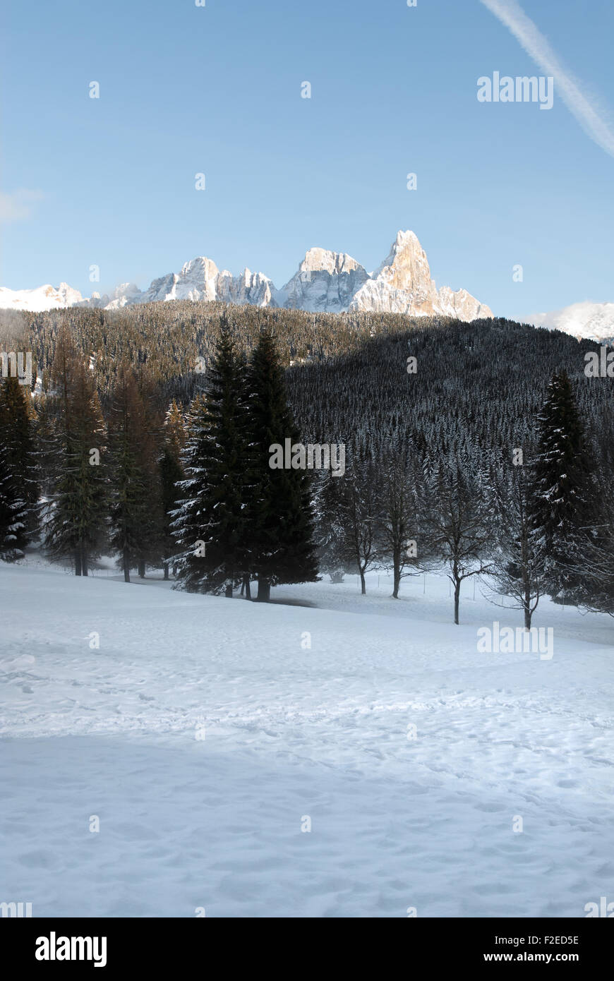 A picturesque winter scene in the Dolomites region of Northern Italy ...