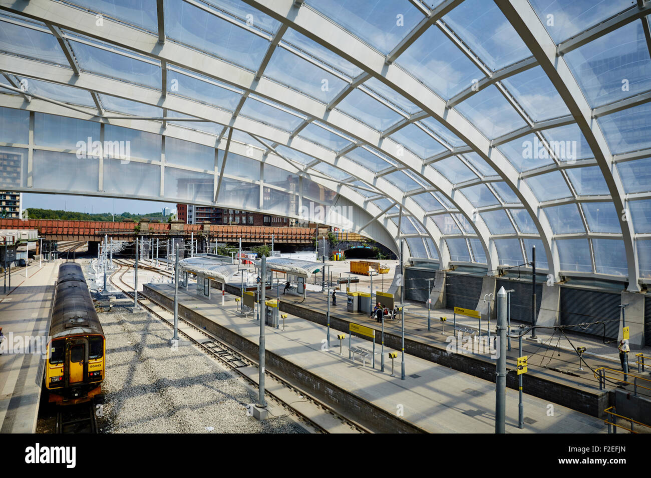 British railways unit leaving Manchester Victoria train station UK ...