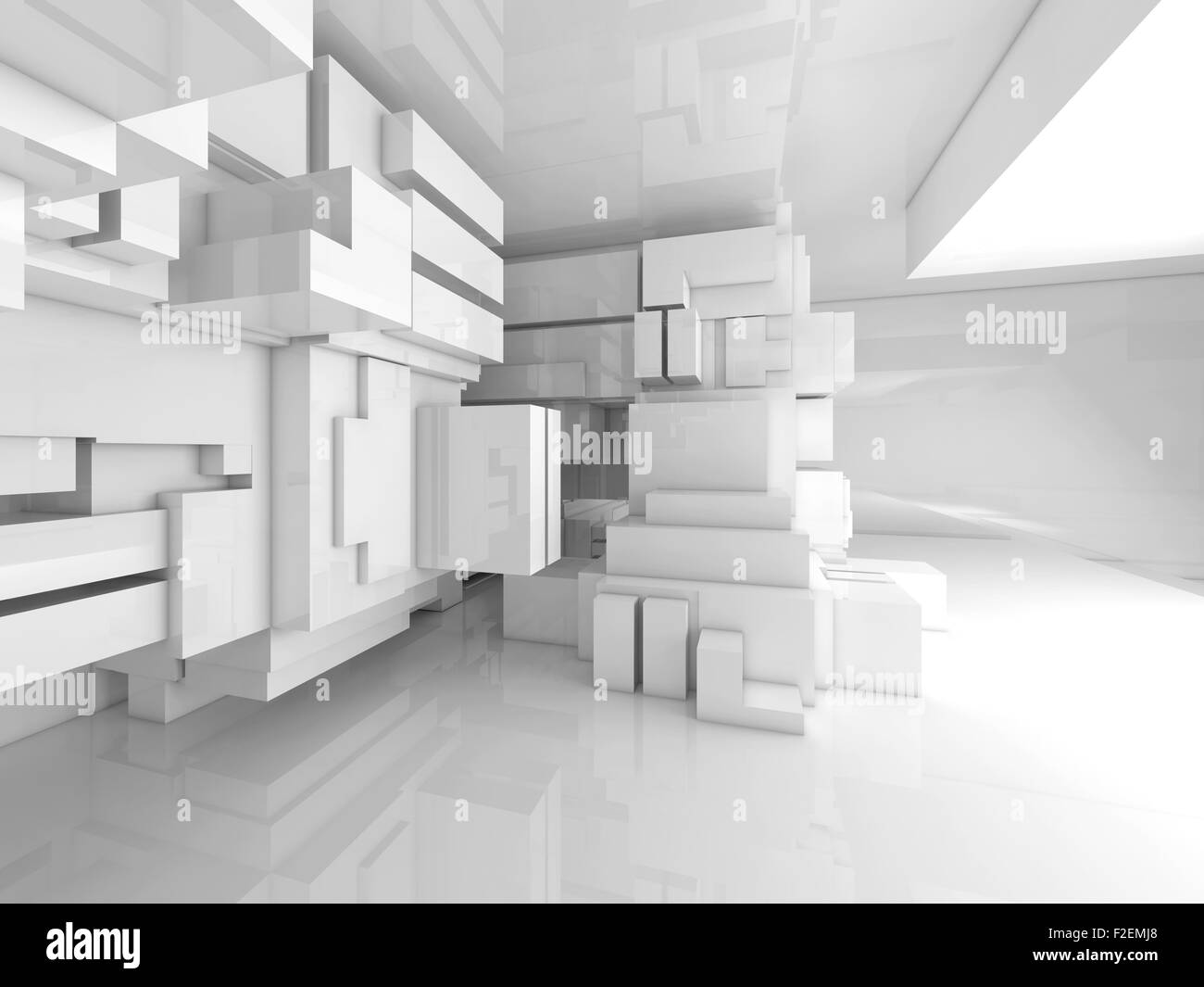 Abstract empty white room high-tech interior with chaotic cubes ...