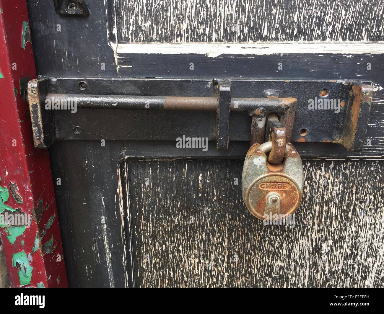 Door lock with a lock rusty, London Motorcycle Museum, Greenford ...