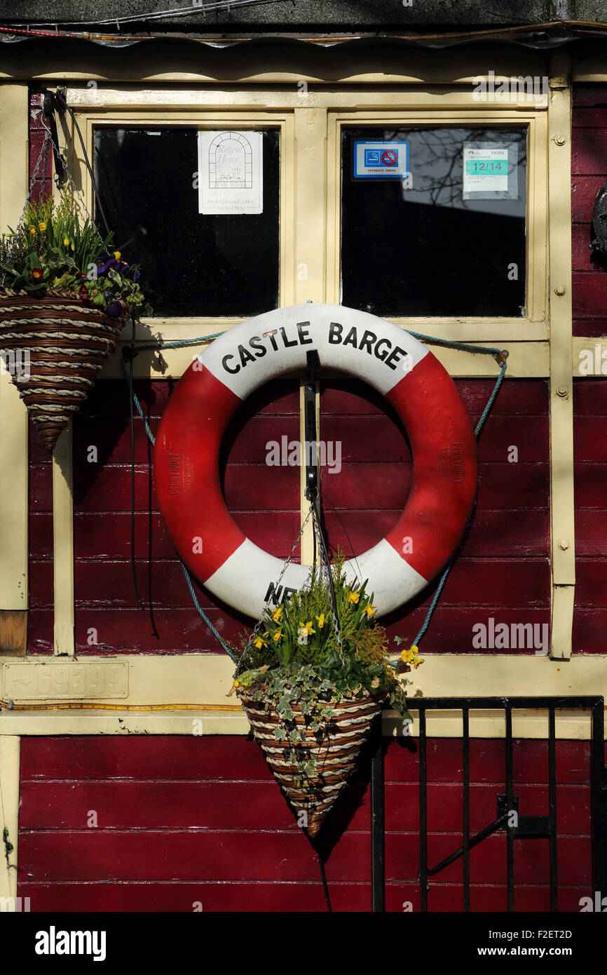 A life belt on the Castle Bar floating pub in Newark, England. The ...