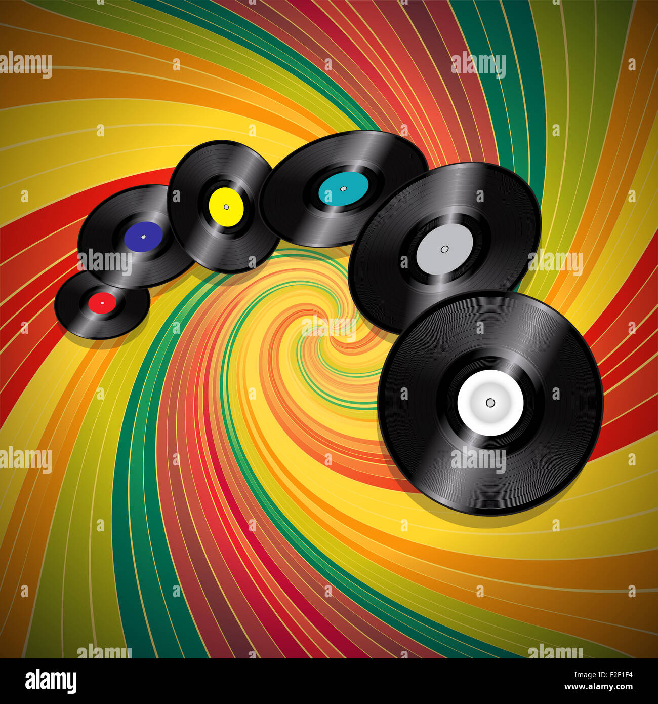 Vinyl Records Flying Over Vintage Swirl Background Stock Photo - Alamy