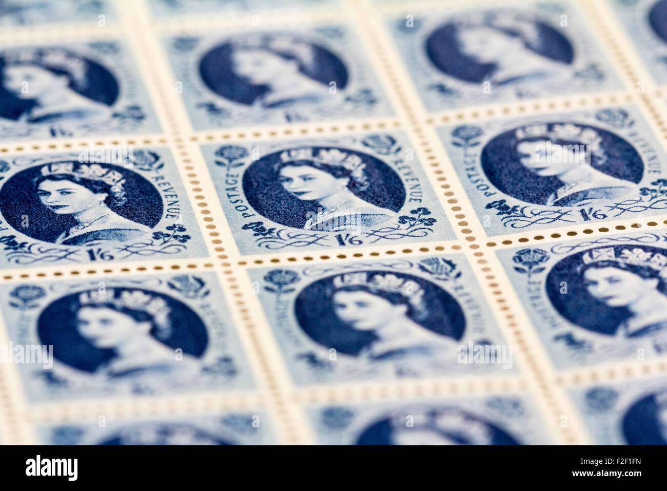 Sheet of 1950's British Royal Mail1s 6d blue postage stamps from the ...
