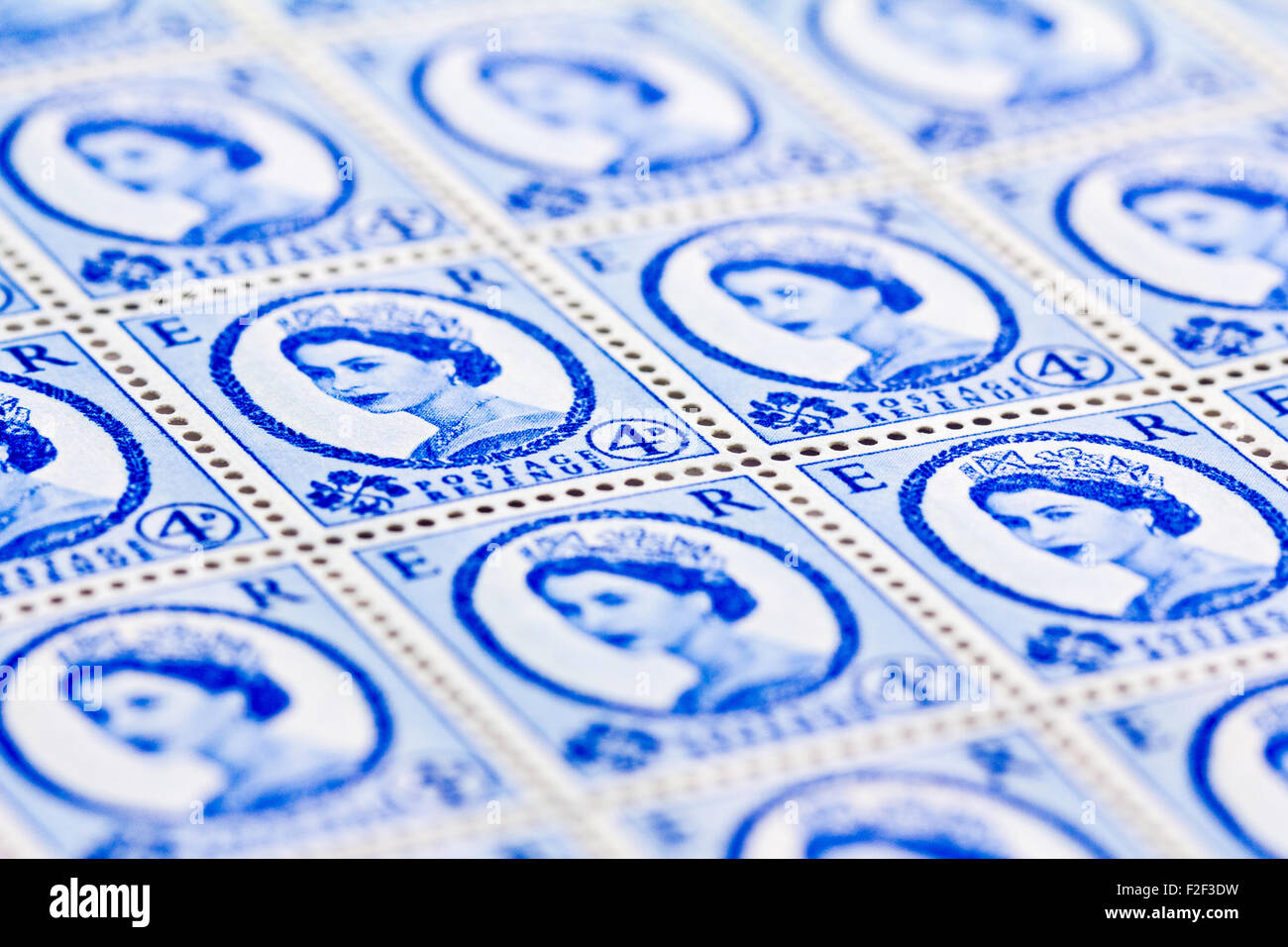 Sheet of 1950's British Royal Mail 4d light blue postage stamps from ...