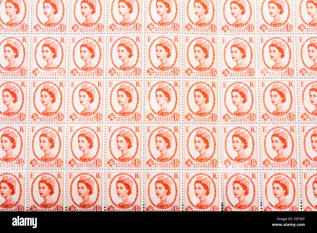 Sheet of 1950's British Royal Mail 4½d pale orange postage stamps from ...