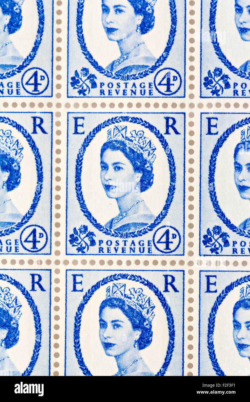 Sheet of 1950's British Royal Mail 4d light blue postage stamps from ...