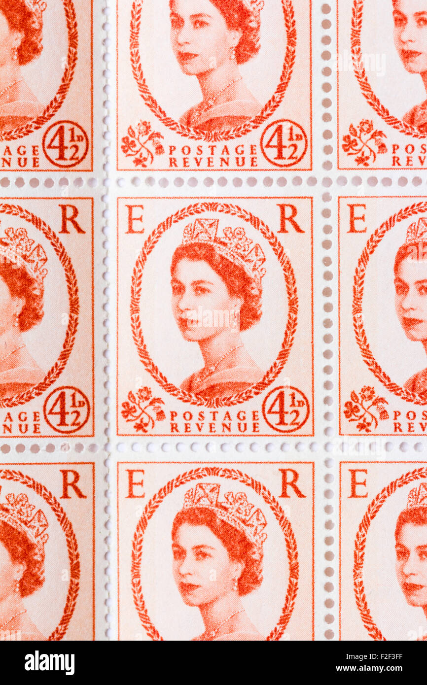 Sheet of 1950's British Royal Mail 4½d pale orange postage stamps from ...