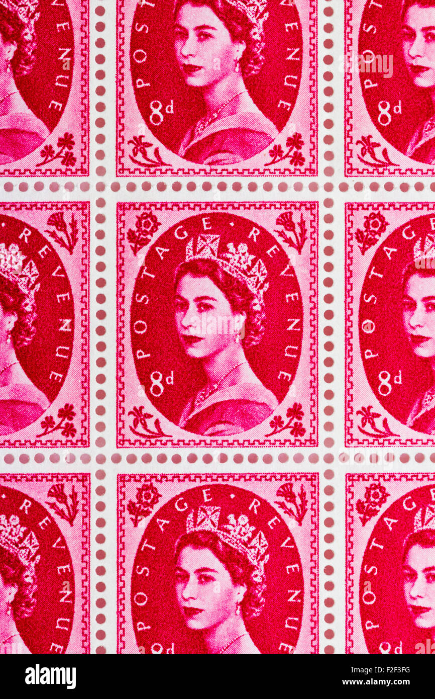 Sheet of 1950's British Royal Mail 8d pink magenta postage stamps from ...
