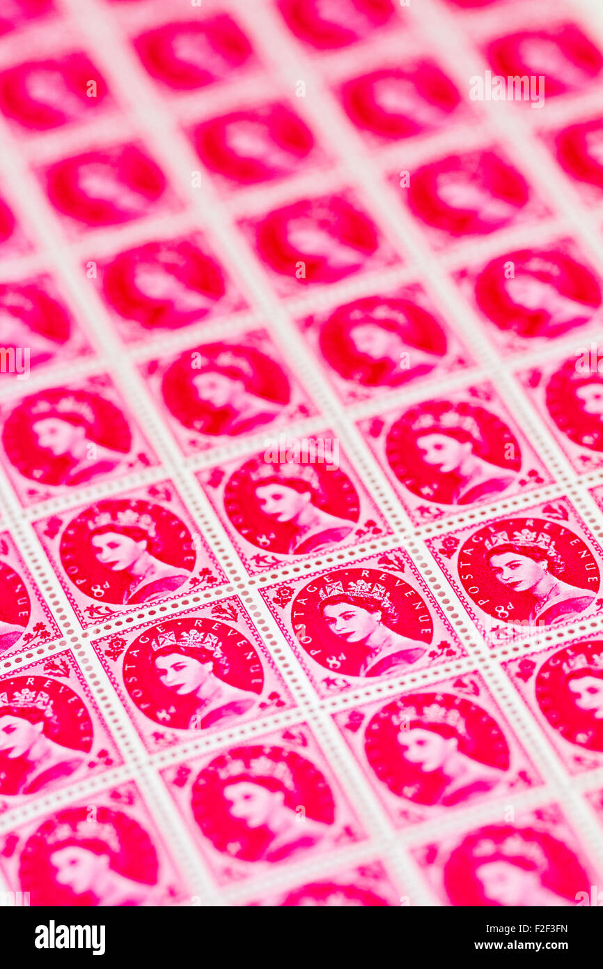 Sheet of 1950's British Royal Mail 8d pink magenta postage stamps from ...
