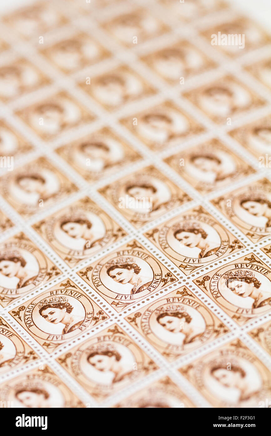Sheet of 1950's British Royal Mail 5d light brown postage stamps from ...