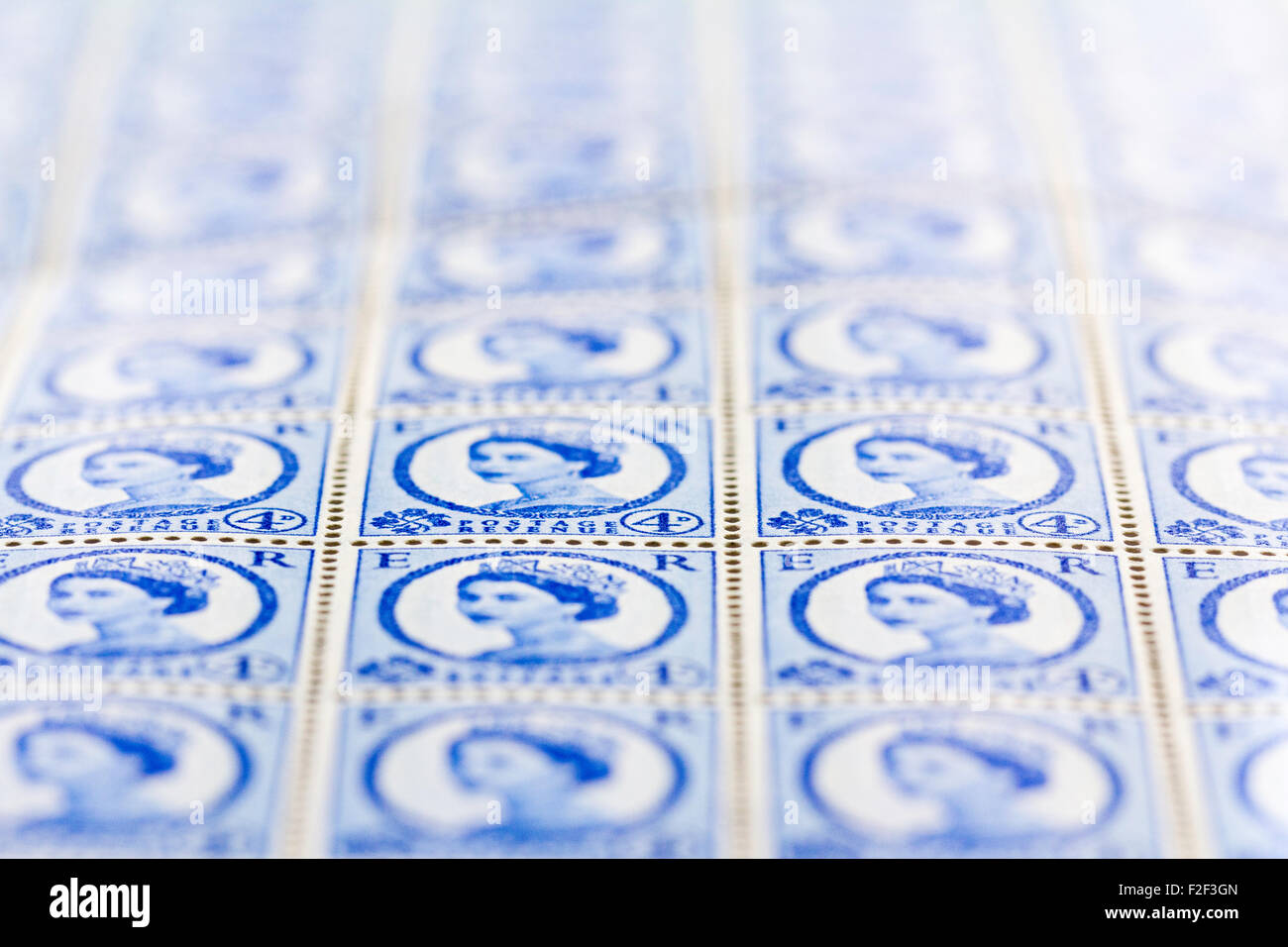 Sheet of 1950's British Royal Mail 4d light blue postage stamps from ...