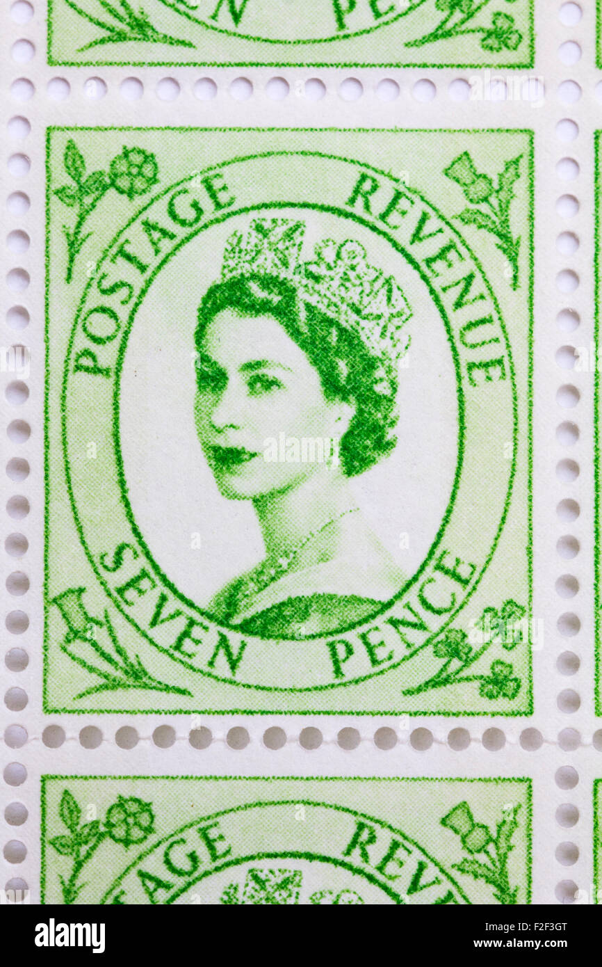 Sheet of 1950's British Royal Mail 7d light green postage stamps from ...
