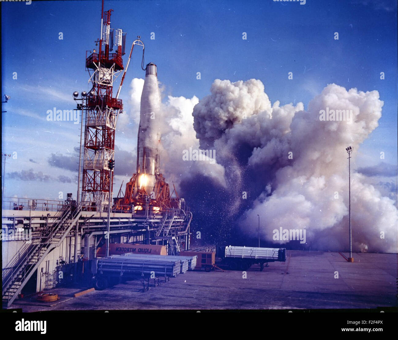 The Atlas 11C missile is shown on Launch Pad 12, with an overall view ...