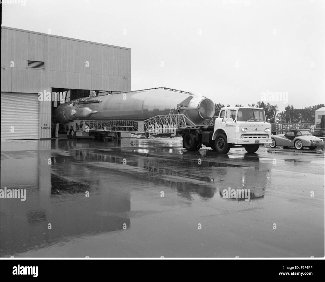 The Atlas 11E missile, part of a U.S. aerospace program, is moved from ...