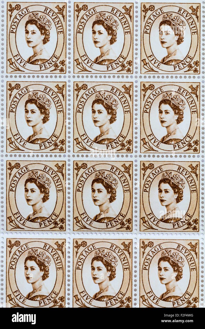 Sheet of 1950's British Royal Mail 5d light brown postage stamps from ...