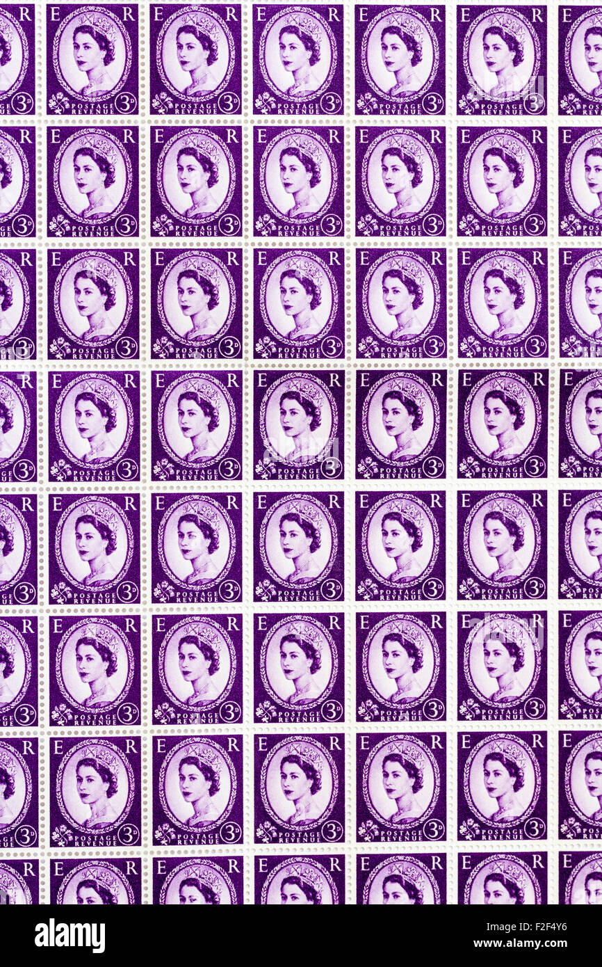 Sheet of 1950's British Royal Mail 3d violet postage stamps from the ...