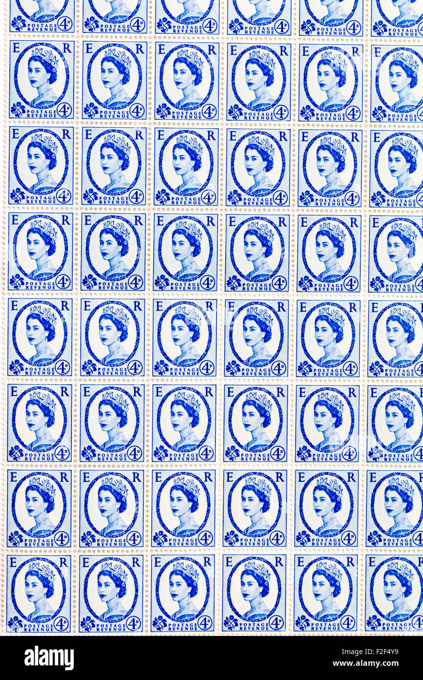 Sheet of 1950's British Royal Mail 4d light blue postage stamps from ...