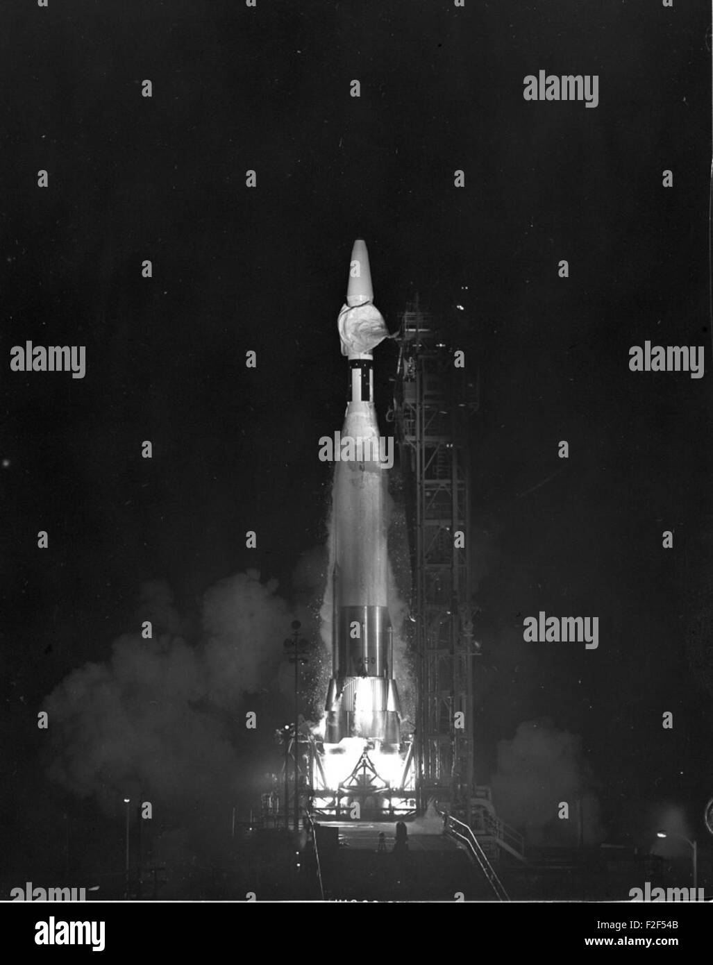 This image details the launch of the Atlas 145D rocket, carrying the ...