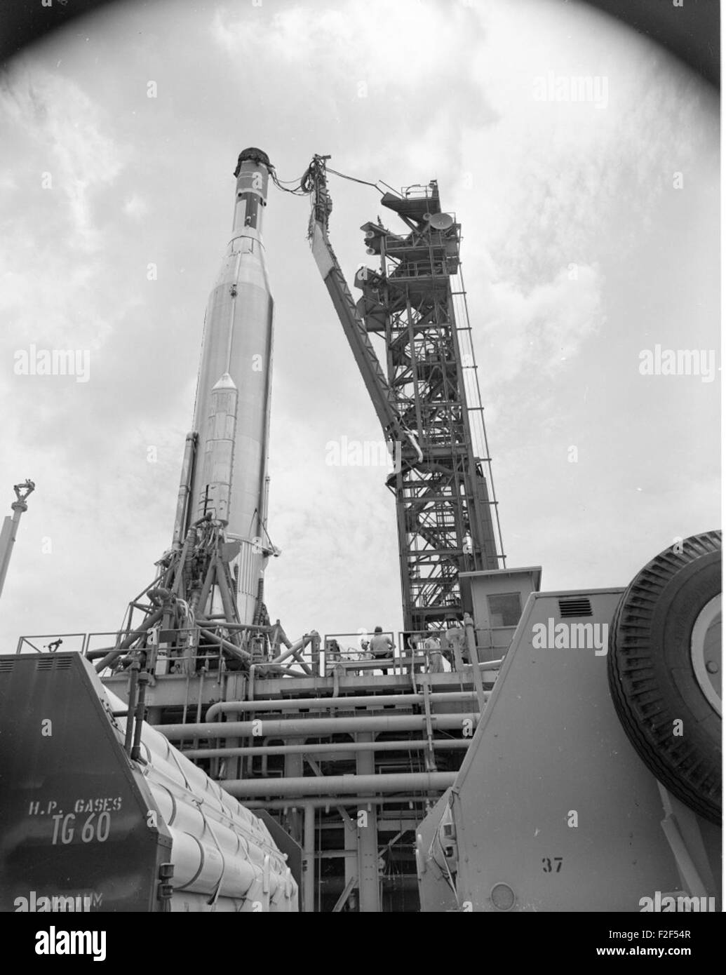 This image shows the prelaunch preparations of Mariner I on the Atlas ...