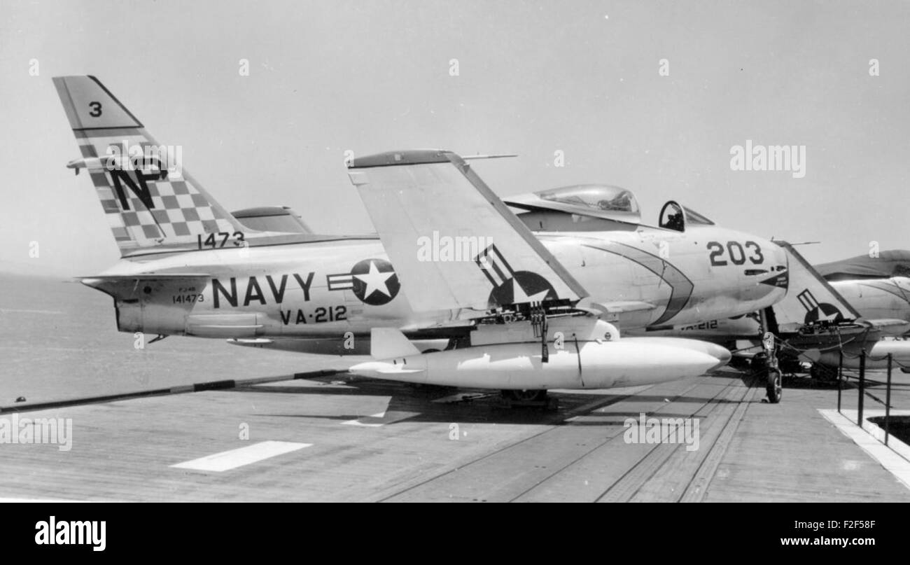 The North American Fury FJ-4B, a carrier-based fighter jet, seen aboard ...