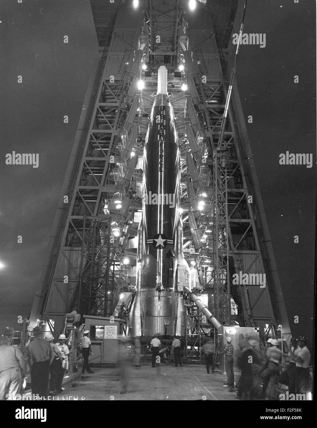 This image shows the Atlas 18E missile on its launcher at Complex 13 ...