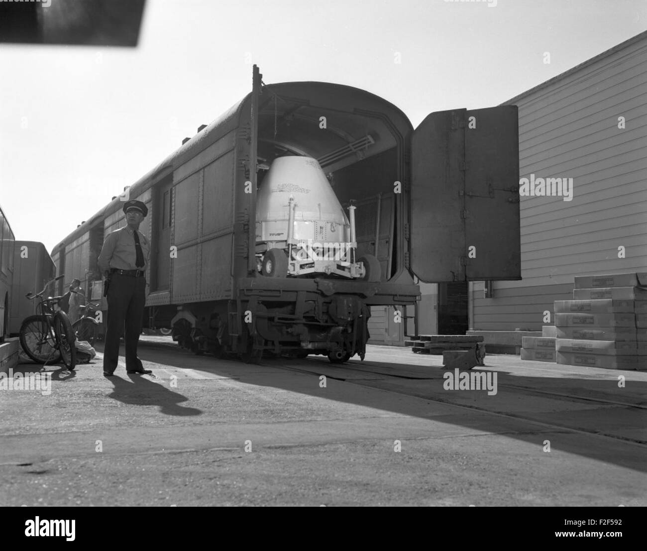 This image shows the GE nose cone on a dolly, part of the Atlas missile ...