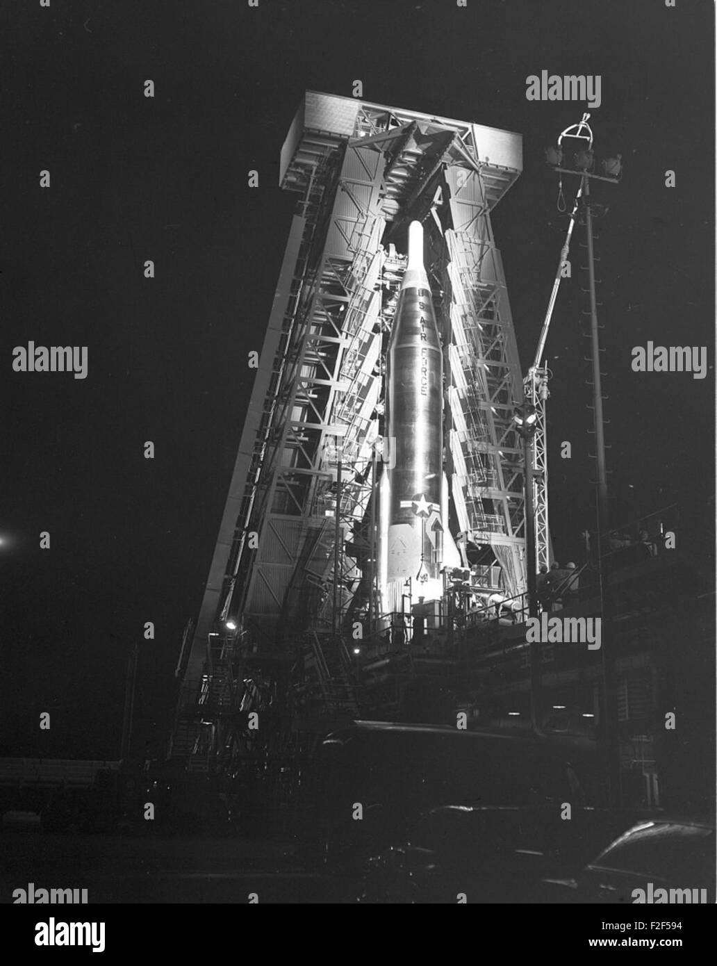 This image showcases the Atlas 18E missile positioned on a launcher at ...