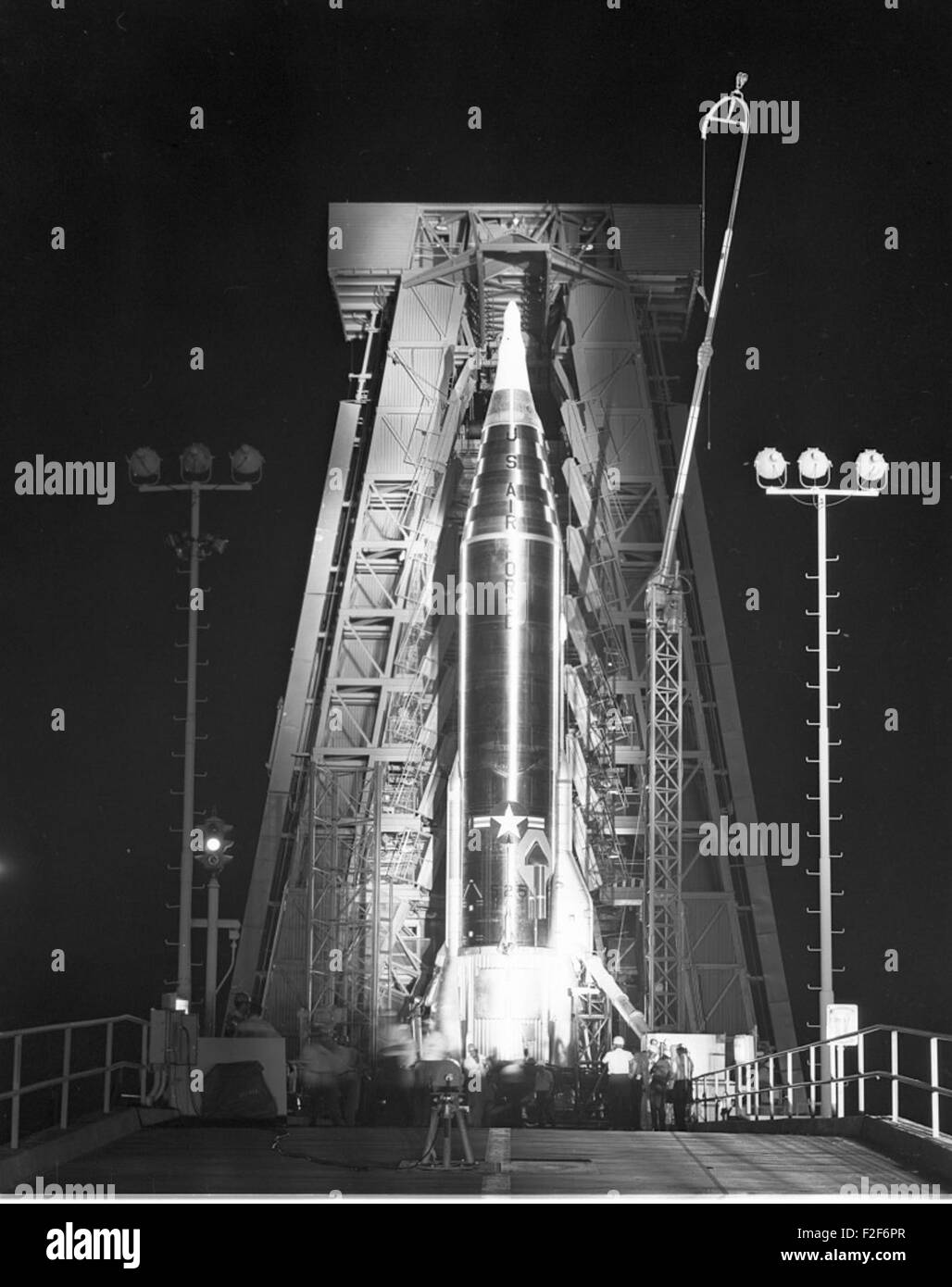 The Atlas 525 missile is shown in a tower during pre-launch ...