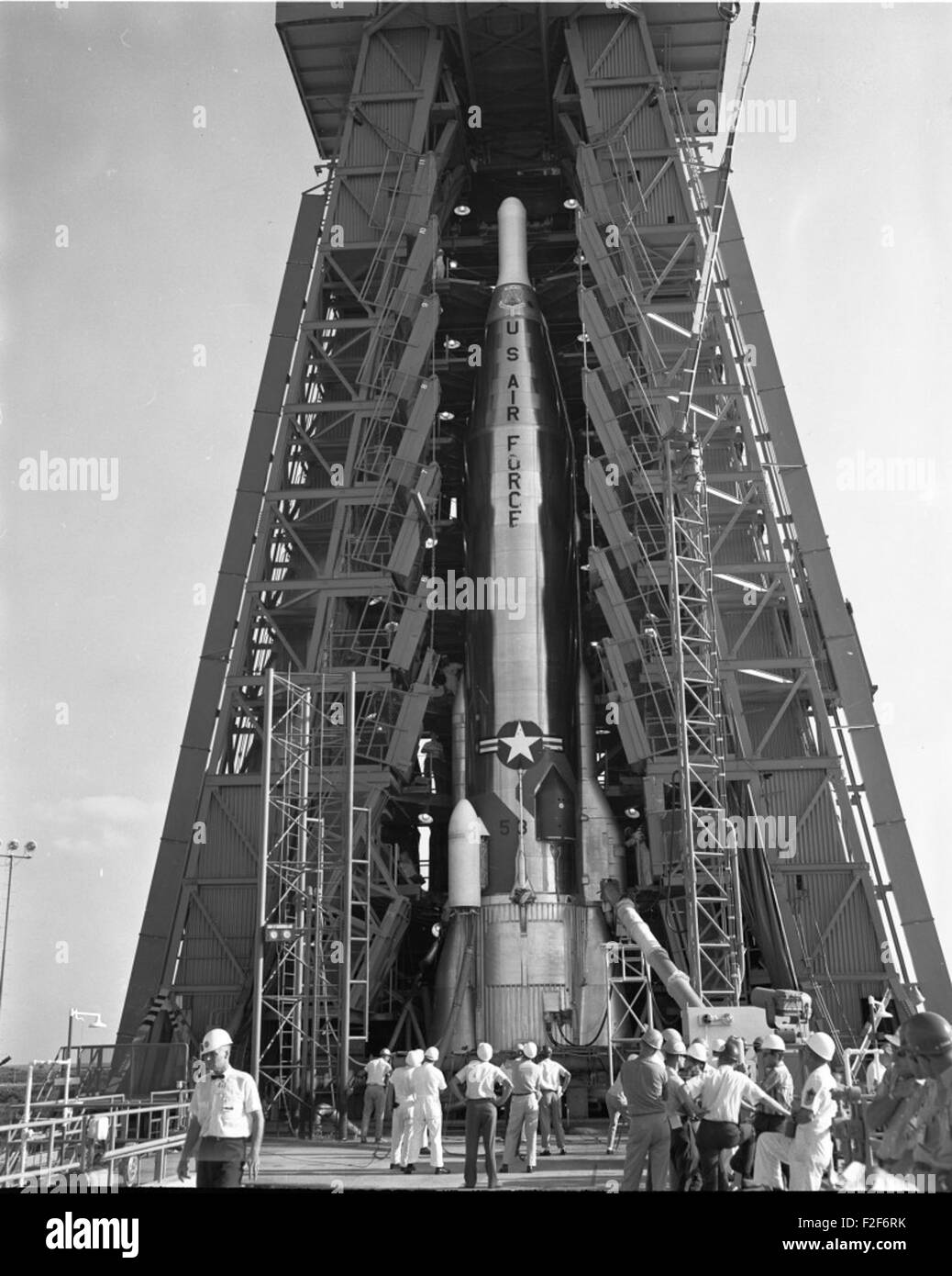 The Atlas 8F missile is shown having its launch tower removed on ...