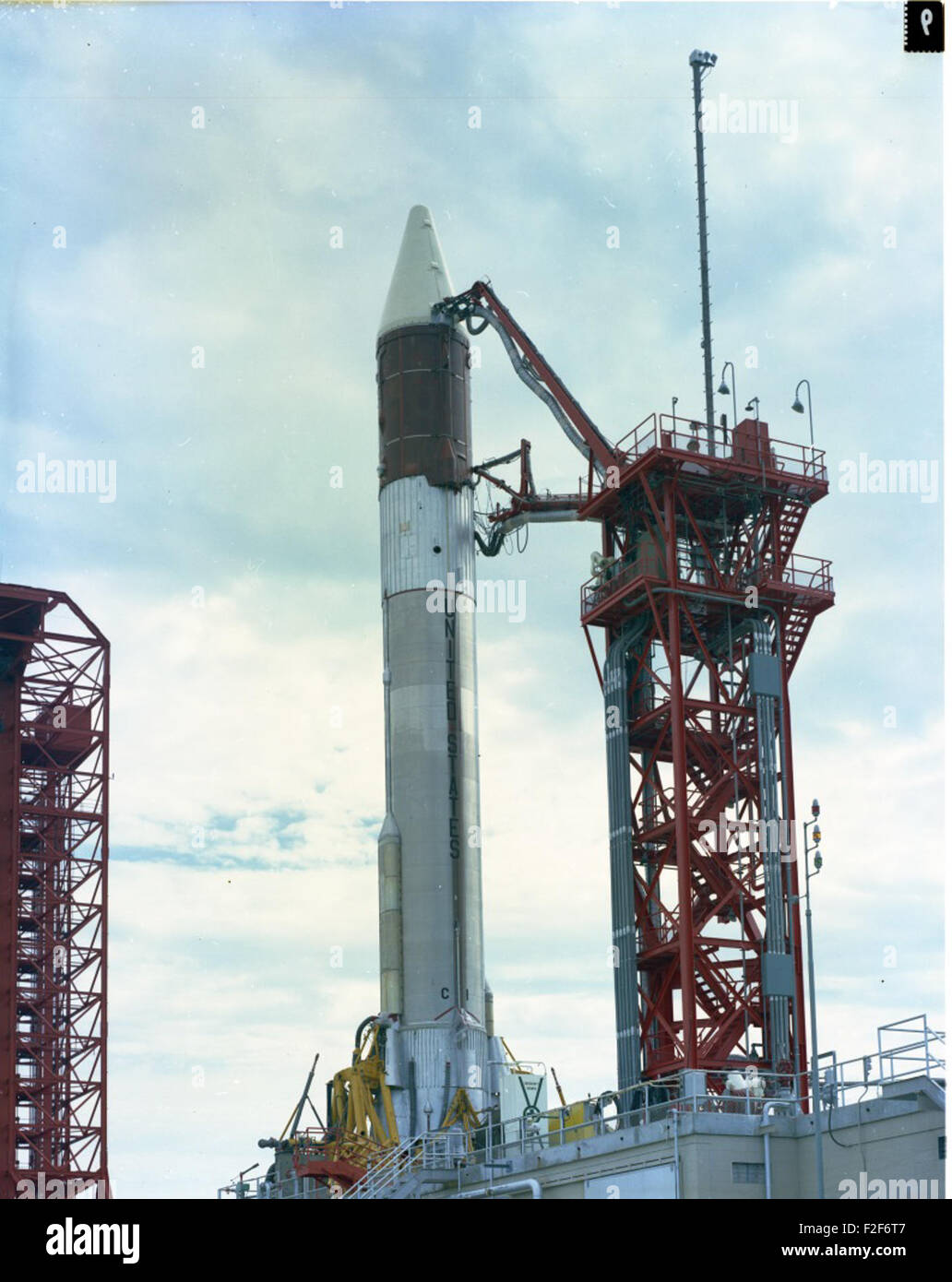 The Atlas Centaur rocket is shown during a fueling test. This image ...