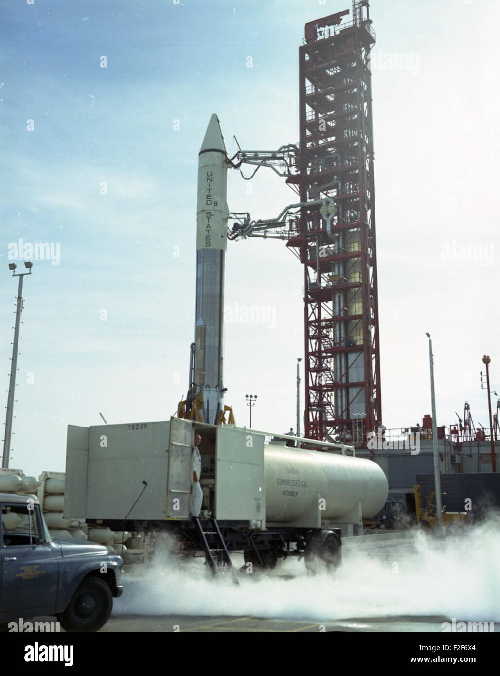 This image shows detailed views of the Atlas Centaur 9 prelaunch ...