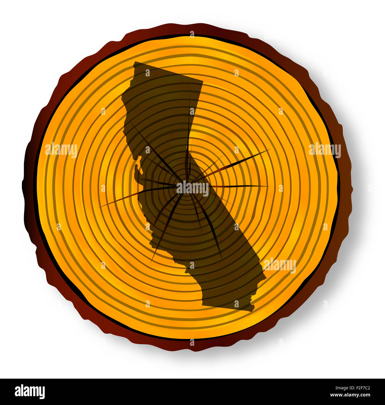 Map of California on a timber end section over a white background Stock ...