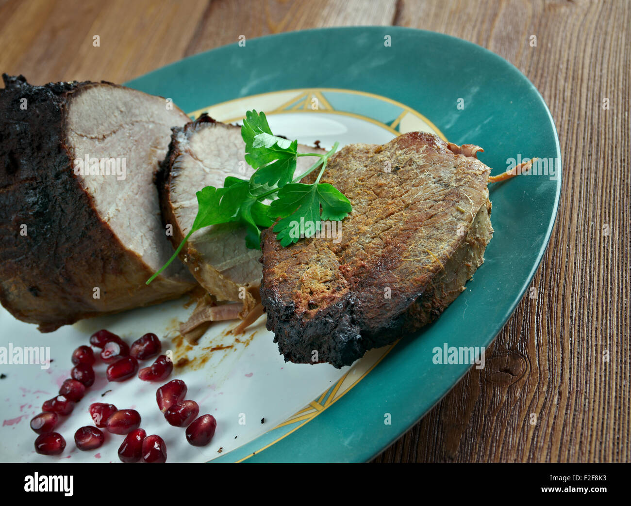Sliced peppered Roast Scotch Fillet - baked meat on Scottish Stock ...