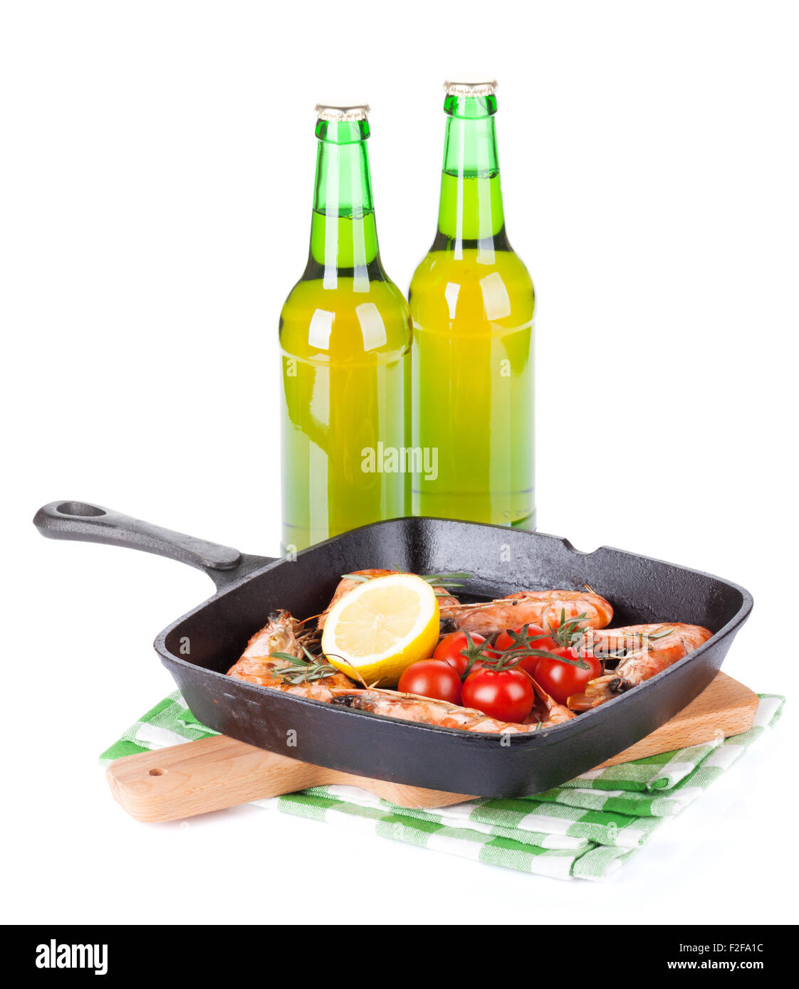 Grilled shrimps on frying pan and beer. Isolated on white background ...