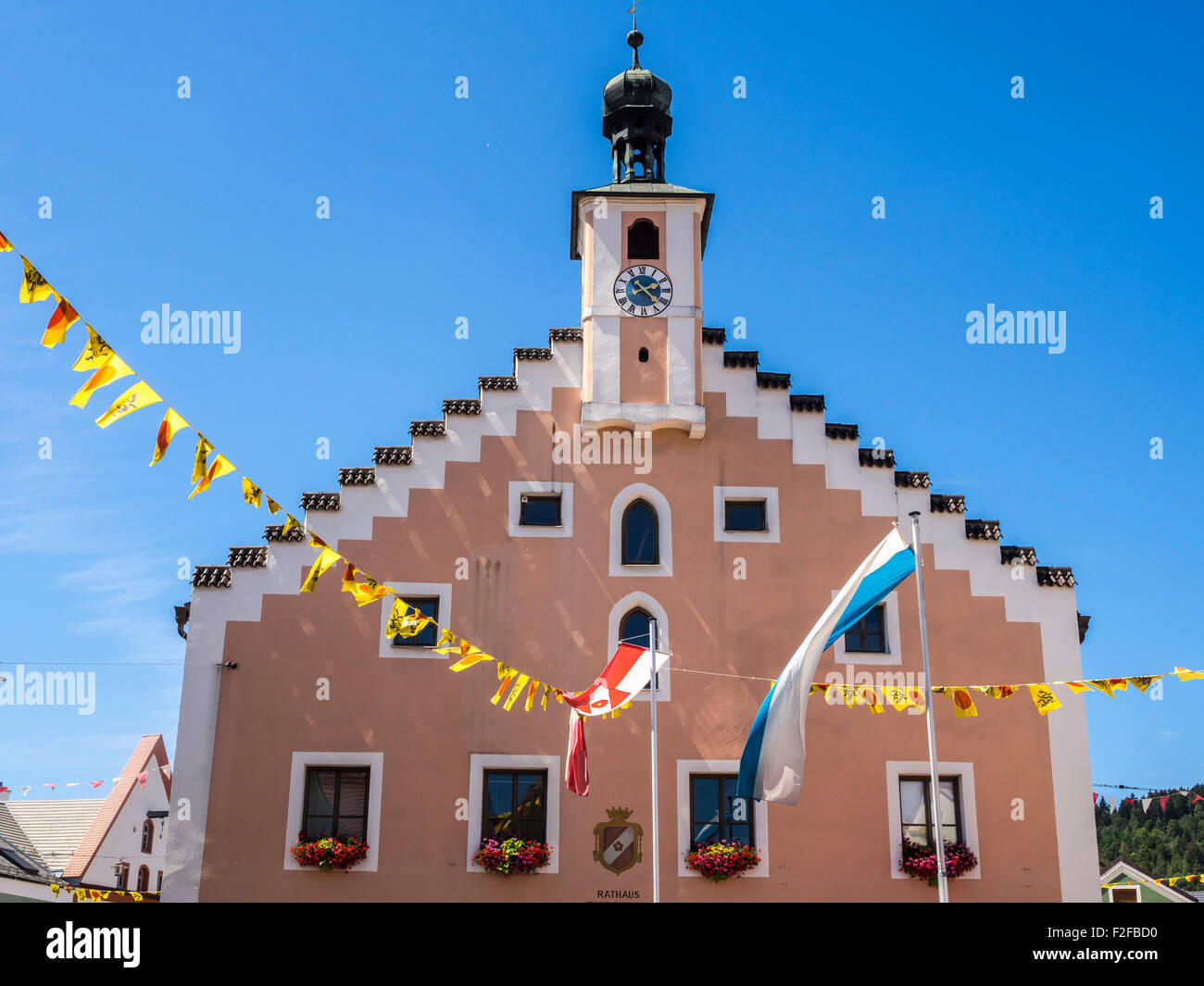Town hall village Dietfurt, scenic building, baroque, flags, festival ...
