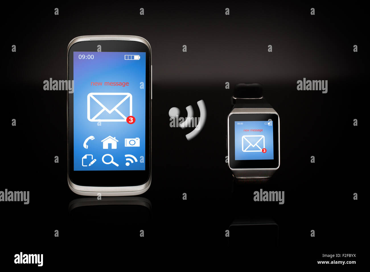 Modern internet smart watch and smartphone on black background Stock ...