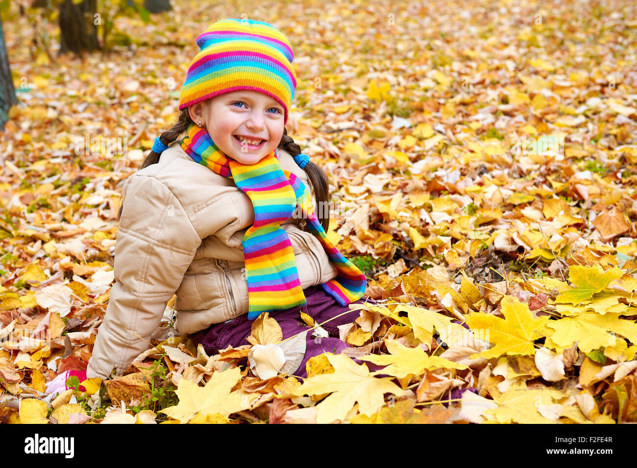 girl on fall autumn leaves in park Stock Photo - Alamy