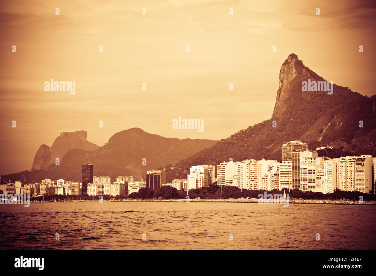 Sepia view of Rio de Janeiro city waterfront viewed from Guanabara Bay ...