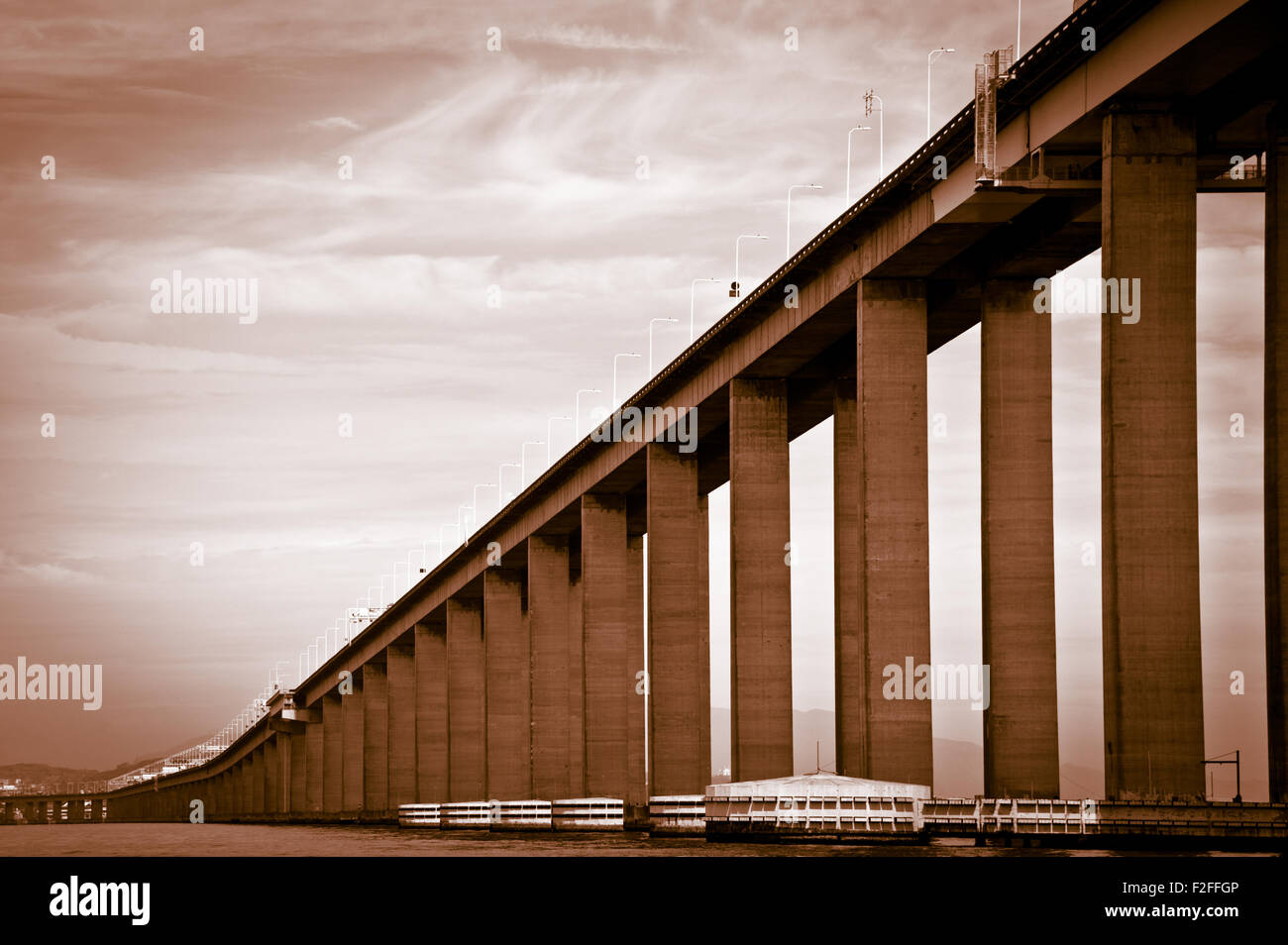 Detail of the Rio-Niteroi bridge from a boat on the Guanabara bay in ...