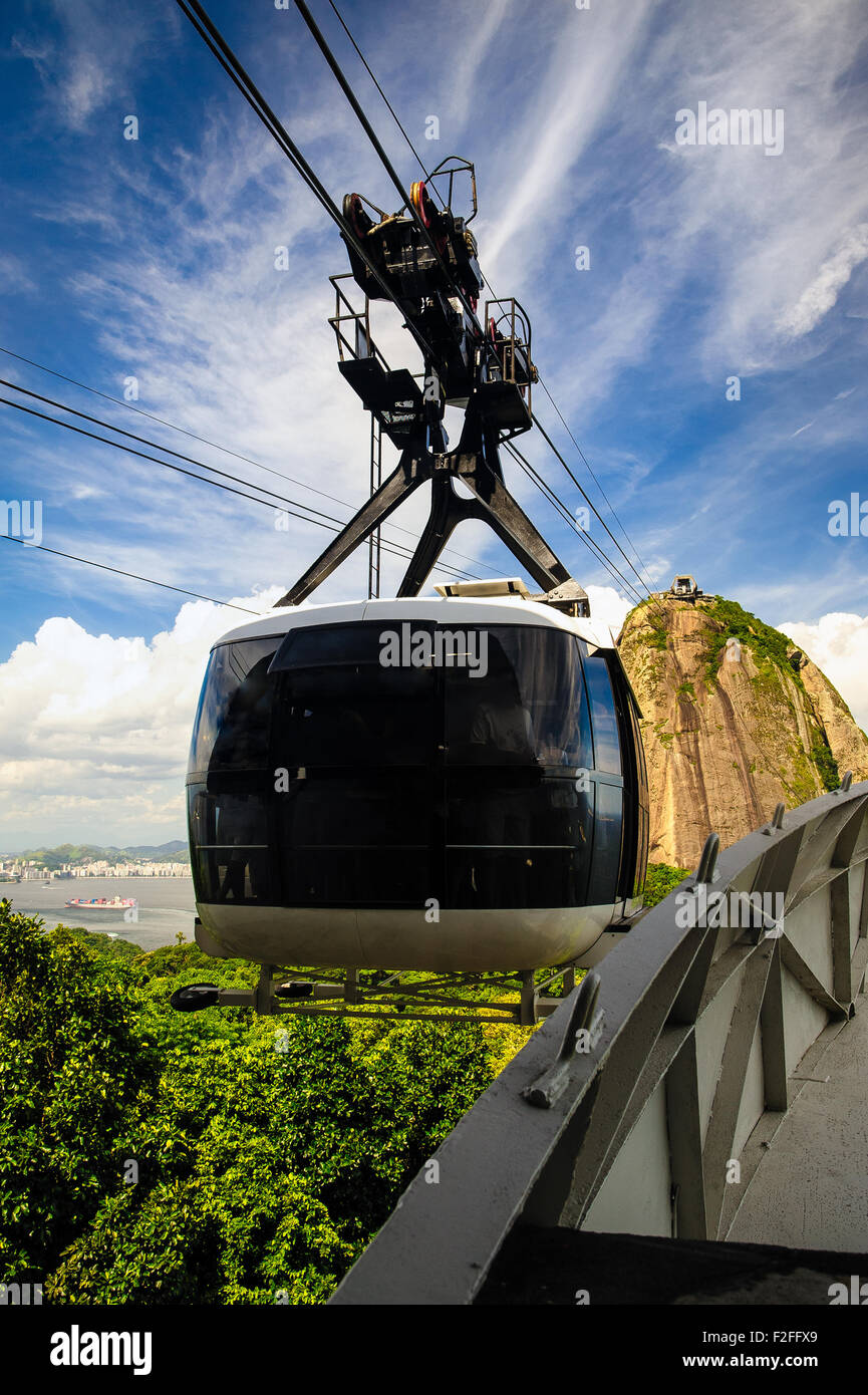 Overhead cable car approaching Sugarloaf Mountain, Guanabara Bay, Rio ...