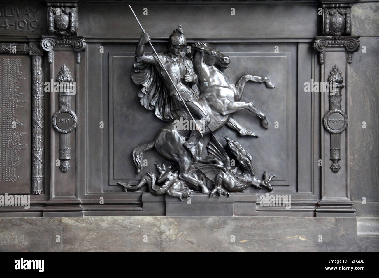 Detail of the bronze war memorial at Victoria Station in Manchester ...