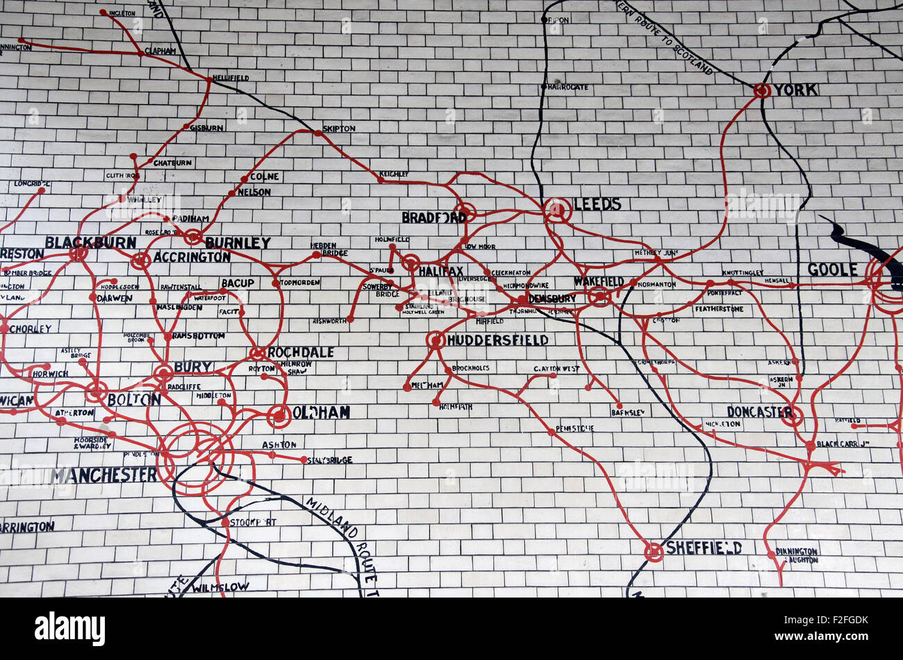Historic tiled Lancashire and Yorkshire railway route map at Victoria ...