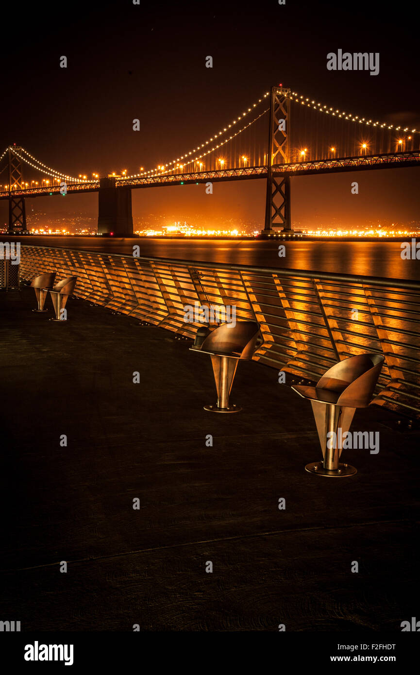 Suspension bridge lit up at night, Bay Bridge, San Francisco Bay, San ...