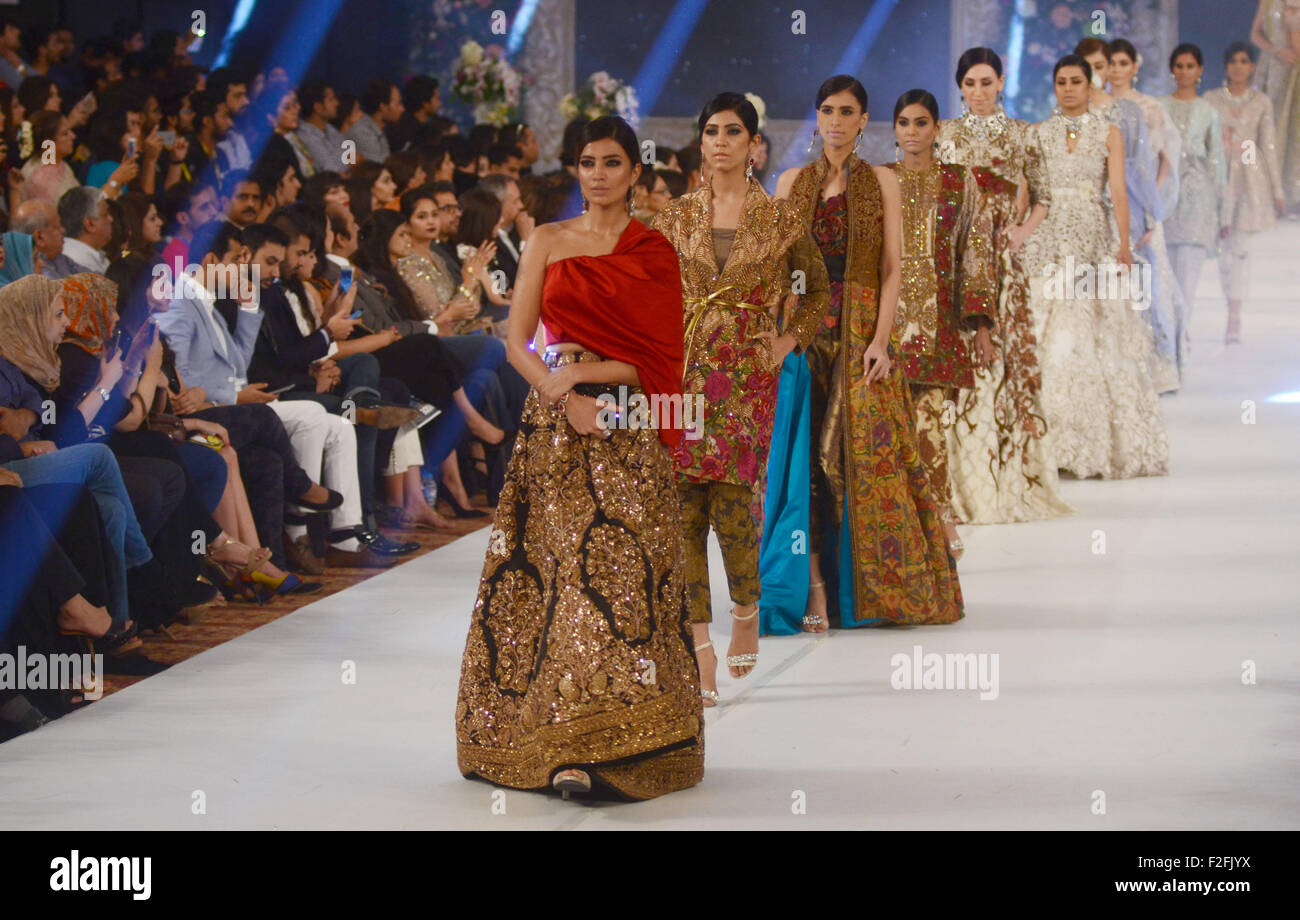 Lahore, Pakistan. 17th Sep, 2015. Pakistani models present creations by ...